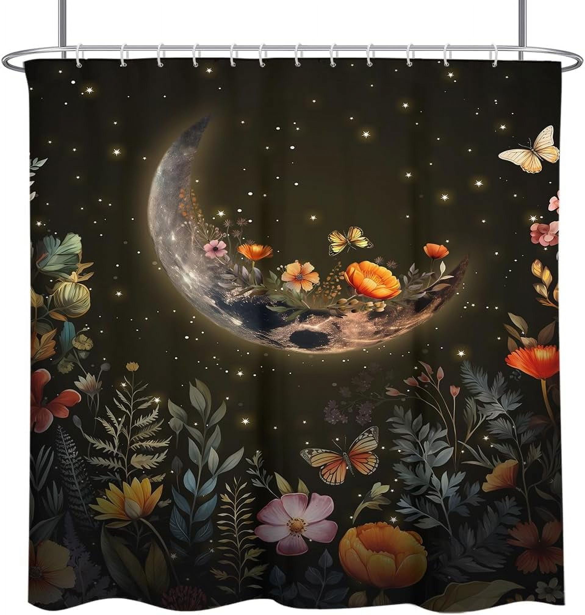 Moon Shower Curtain Gothic Goth Witchy Celestial Whimsical Black Dark Floral Moody Galaxy Trippy ...