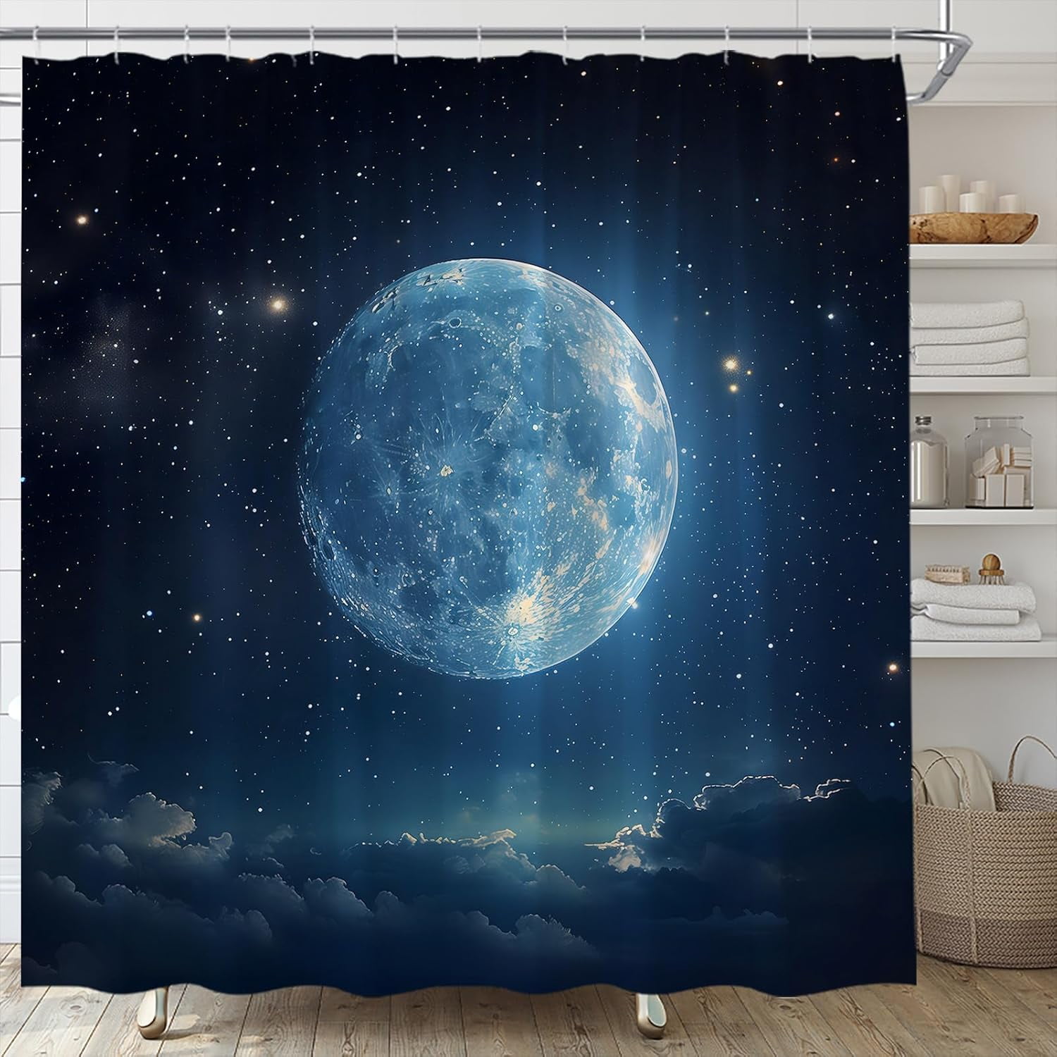 Moon Shower Curtain Star Starry Fantasy Night Sky Full Moon Celestial ...