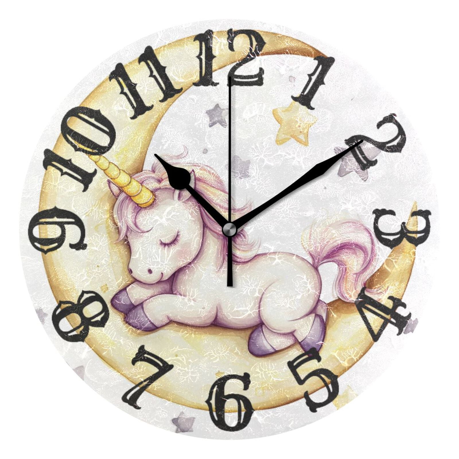 Moon Sleep Unicorn Wall Clock 10 inch Non-Ticking Easy to Read Decorative Clocks for Home ...