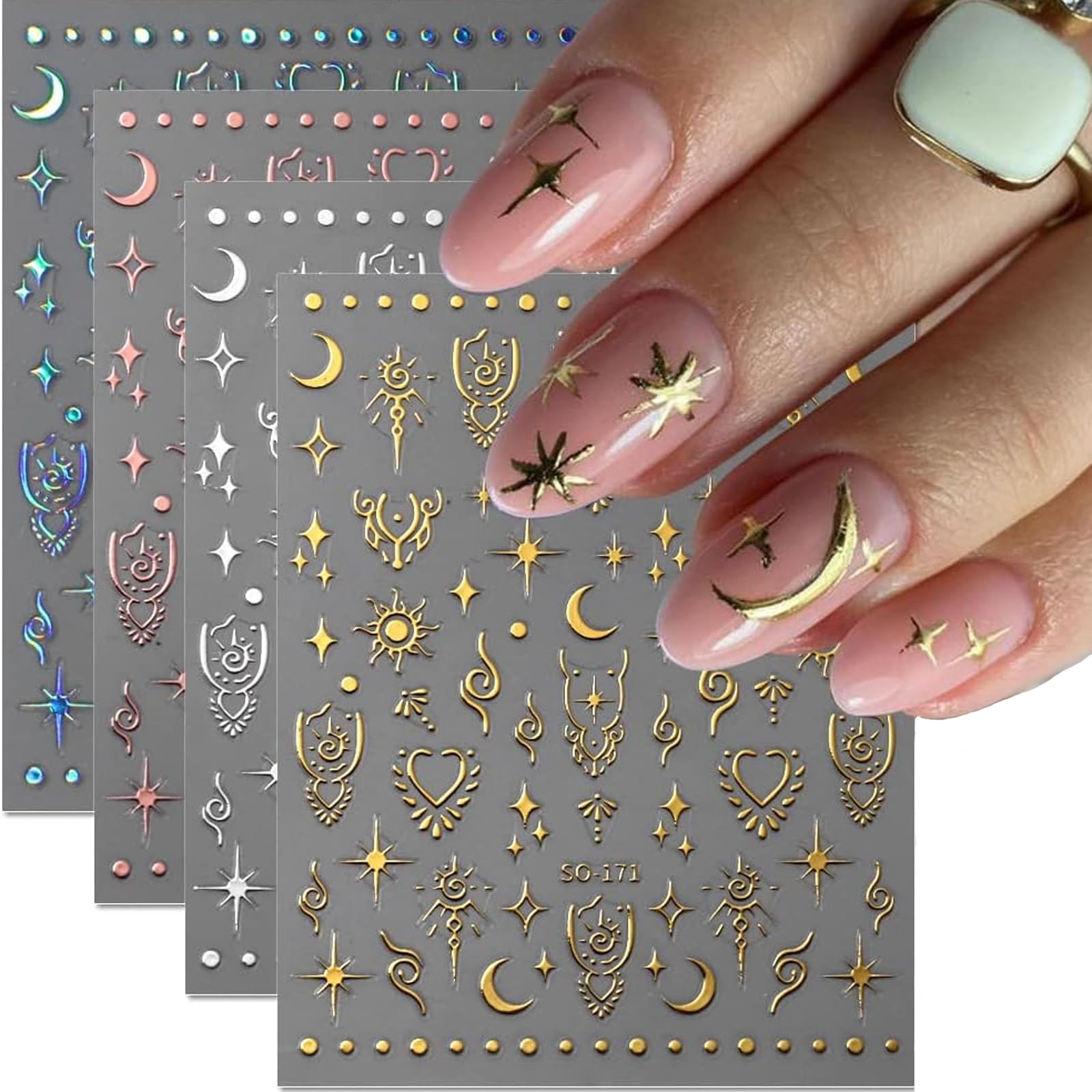 Moon Star Nail Stickers for Nail Art Metallic Sun Totem Nail Decals Holographic Laser Gold ...