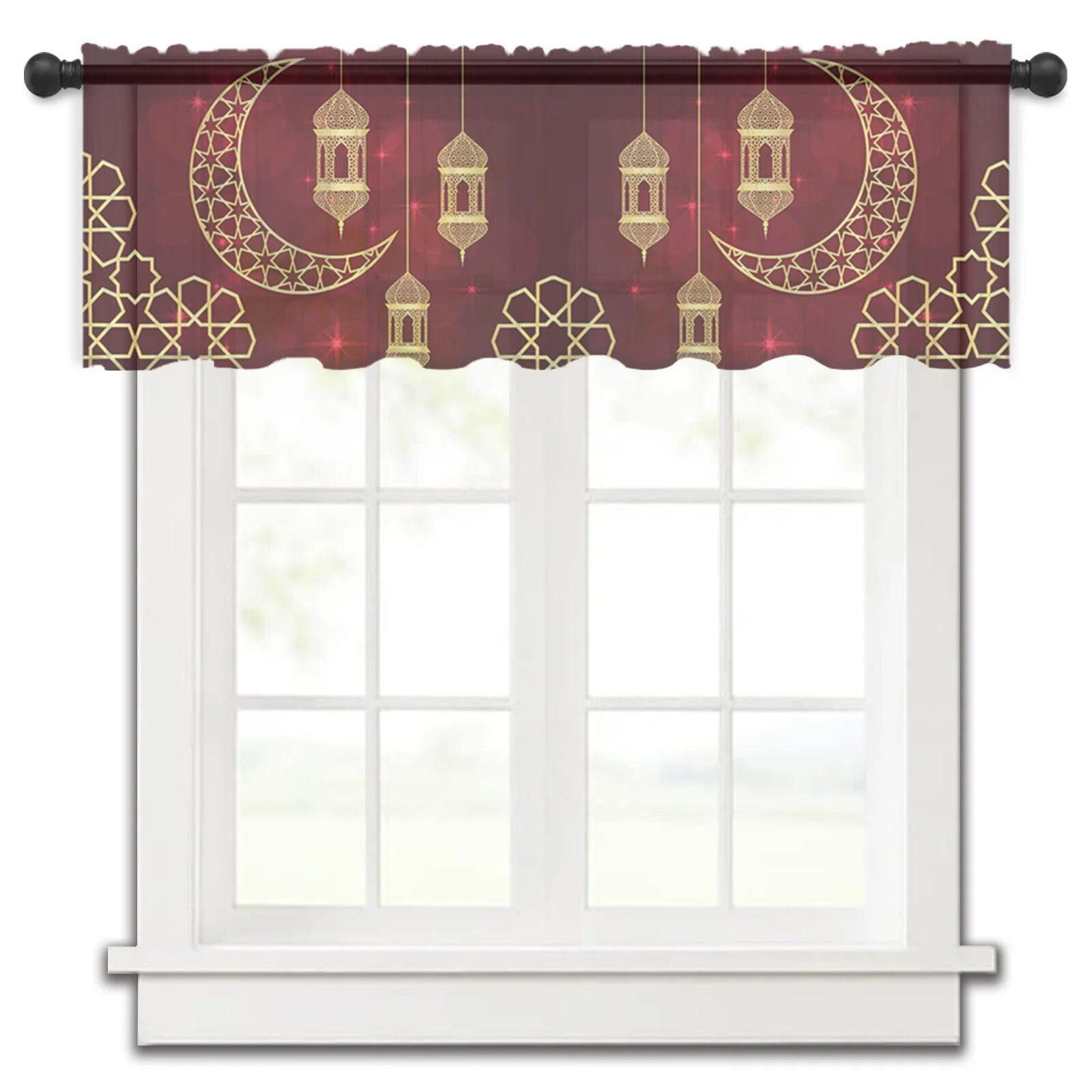 Moon Stars Aperture Lights Red Small Window Curtain Tulle Sheer Short ...