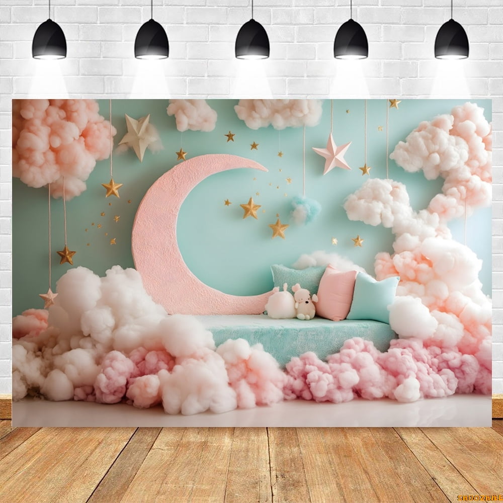 Moon Stars Clouds Flower Backdrop for ss Girl Birthday Party Indoor ...