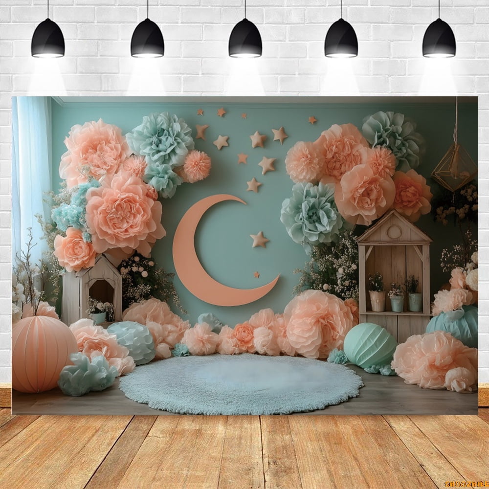 Moon Stars Clouds Flower Backdrop for ss Girl Birthday Party Indoor ...