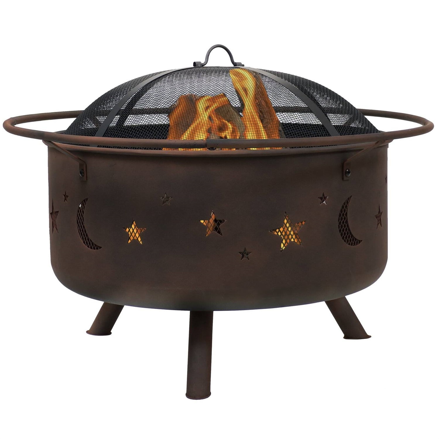 Moon Stars Sky Steel Fire Pit Bowl with Screen Cooking Grate and Poker ...