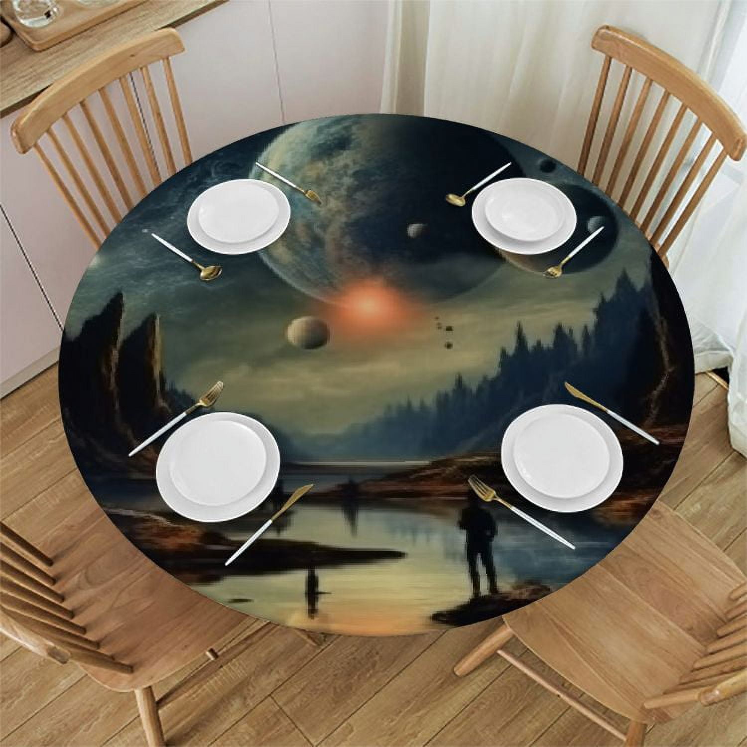Moon Stars and Planets Pattern Round decorative tablecloth can be washed and reused for round ...