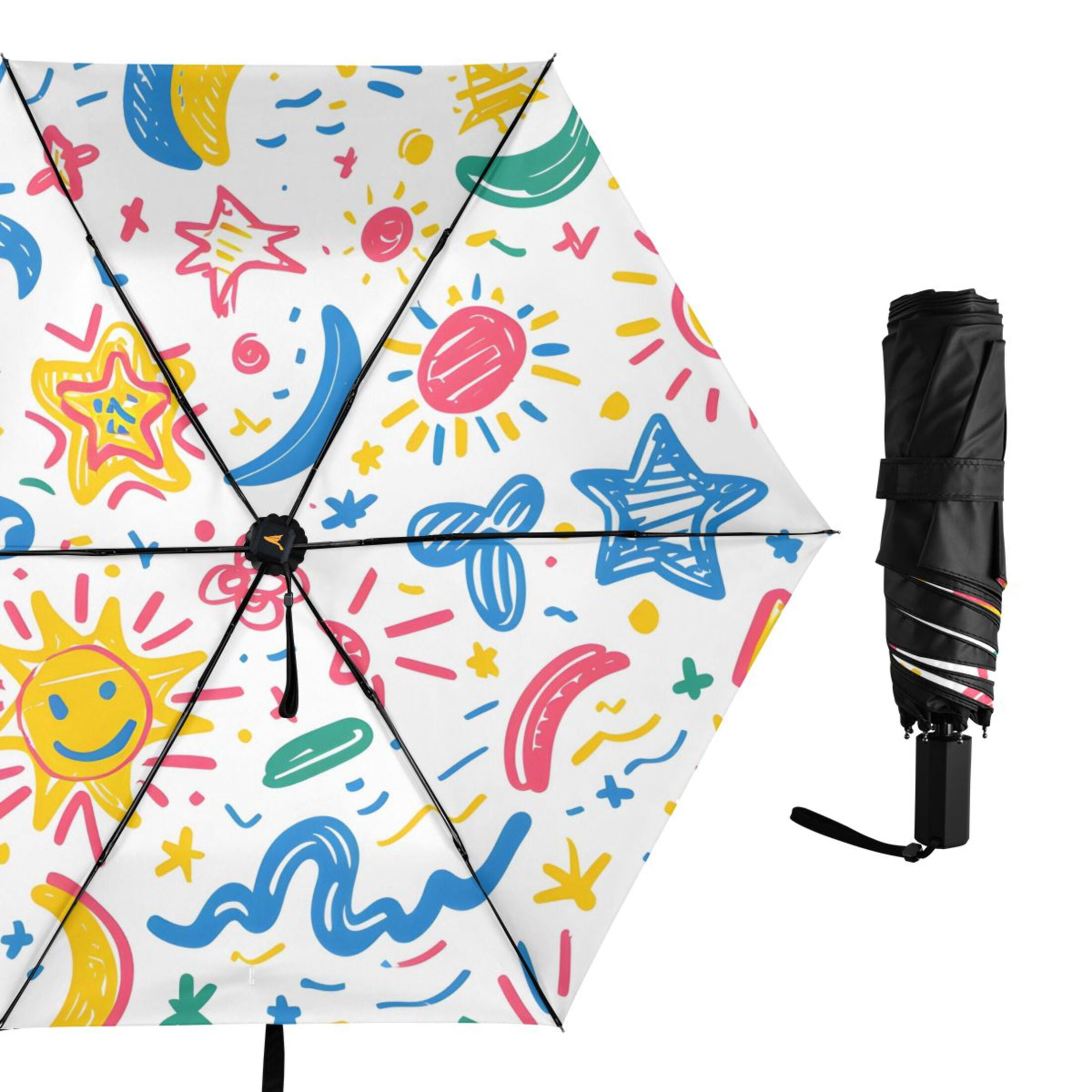 Moon Sun Stars Doddle Lines Triple Folding Umbrella Parasol 6 Ribs UV ...