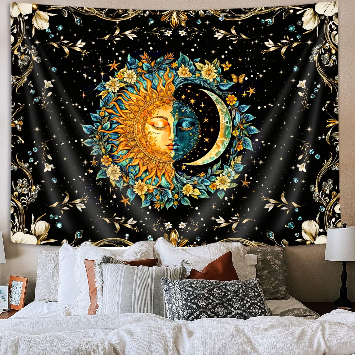 Moon and Sun Tapestry Black Flower Plant Spiritual Mandala Tapestry for ...