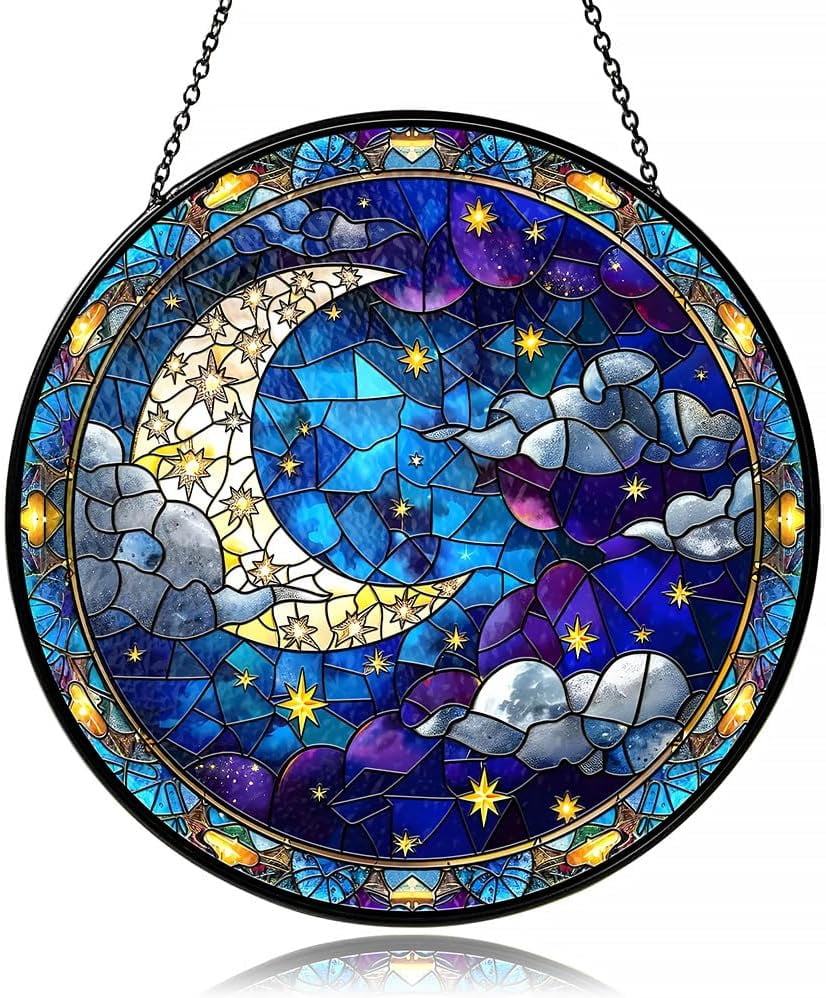 Moon Suncatcher Stained Glass Window Hanging Decor-Celestial Night Sky ...