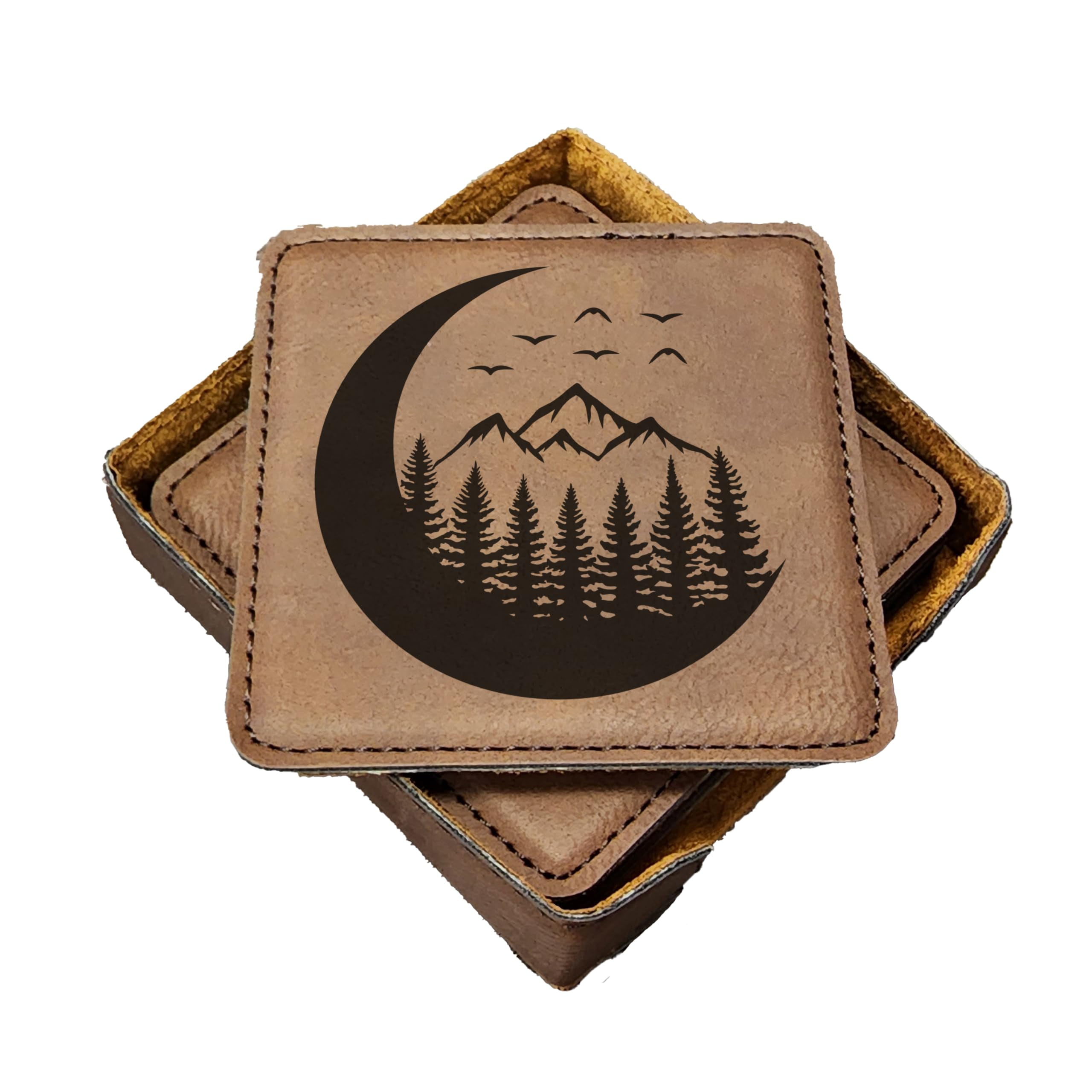 Moon Sunset Mountains Lake - Handmade Coasters Set of 6 - Engraved ...