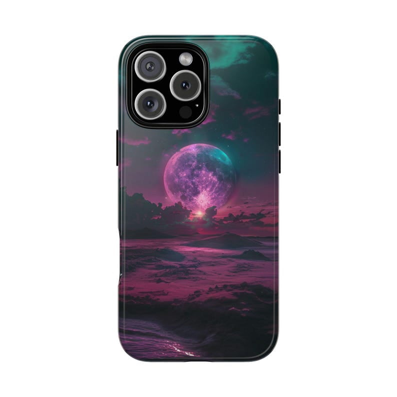 Moon Synth Wave Lunar Sky Teal Blue Neon Planet Artwork Phone Case with ...