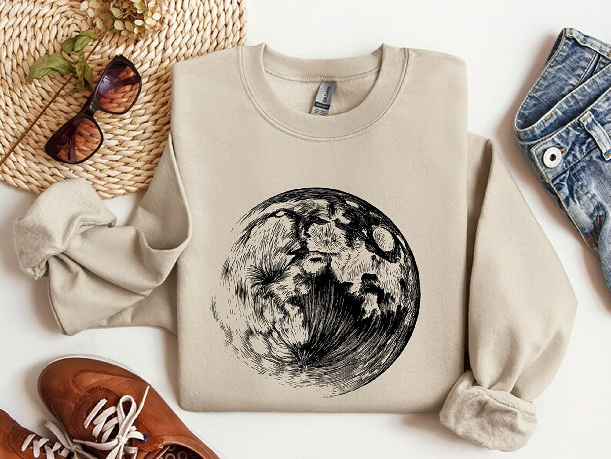 Moon T-Shirt for Women, Celestial Full Moon T-Shirt, Boho Moon Shirt ...