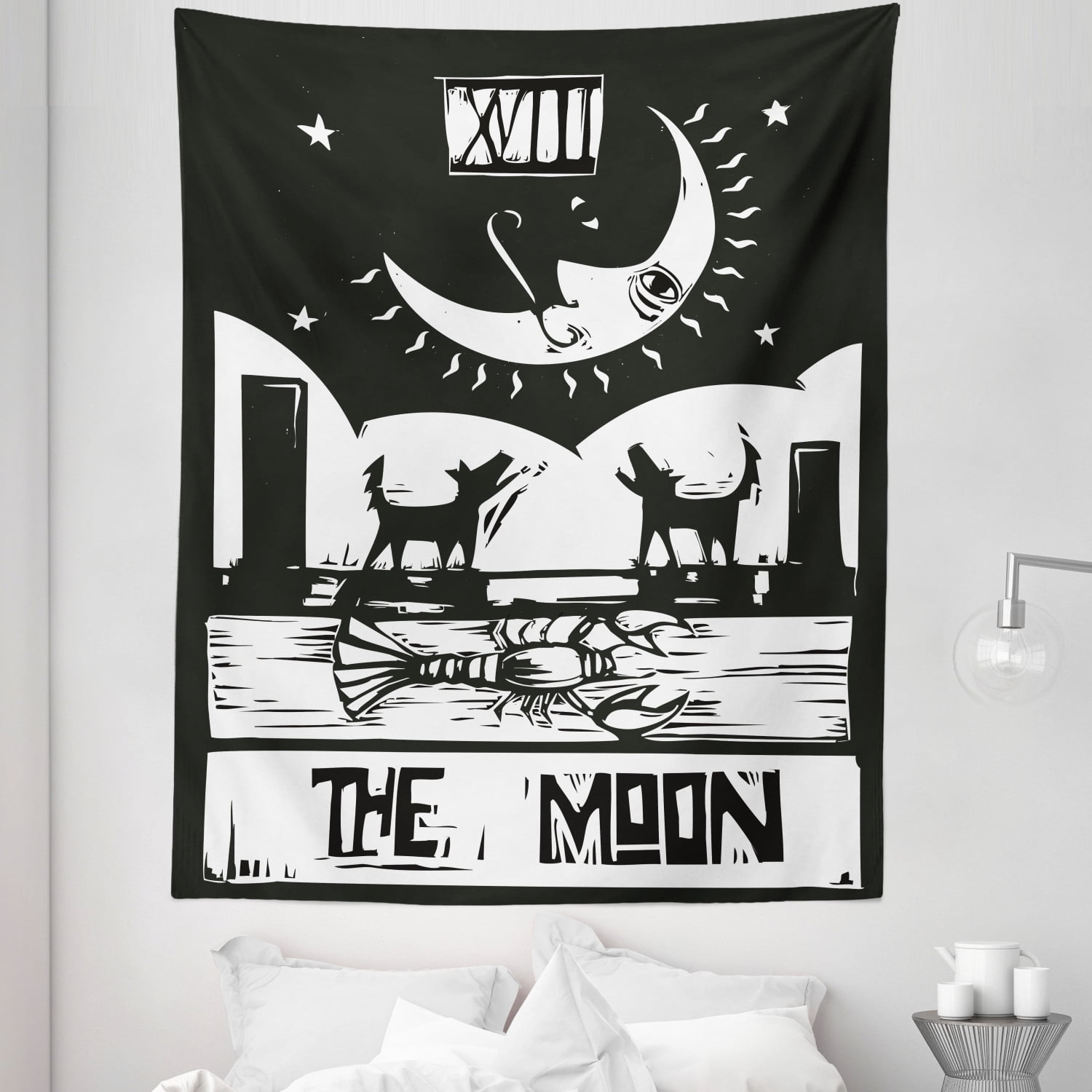 Moon Tapestry, Brown White Drawing Lobster Wolves Crescent Moon Stars ...