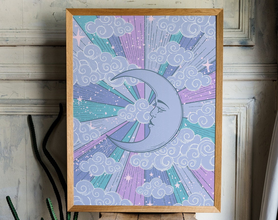 Moon Wall Art, Celestial Decor, Crescent Moon, Retro Poster, Moon And ...