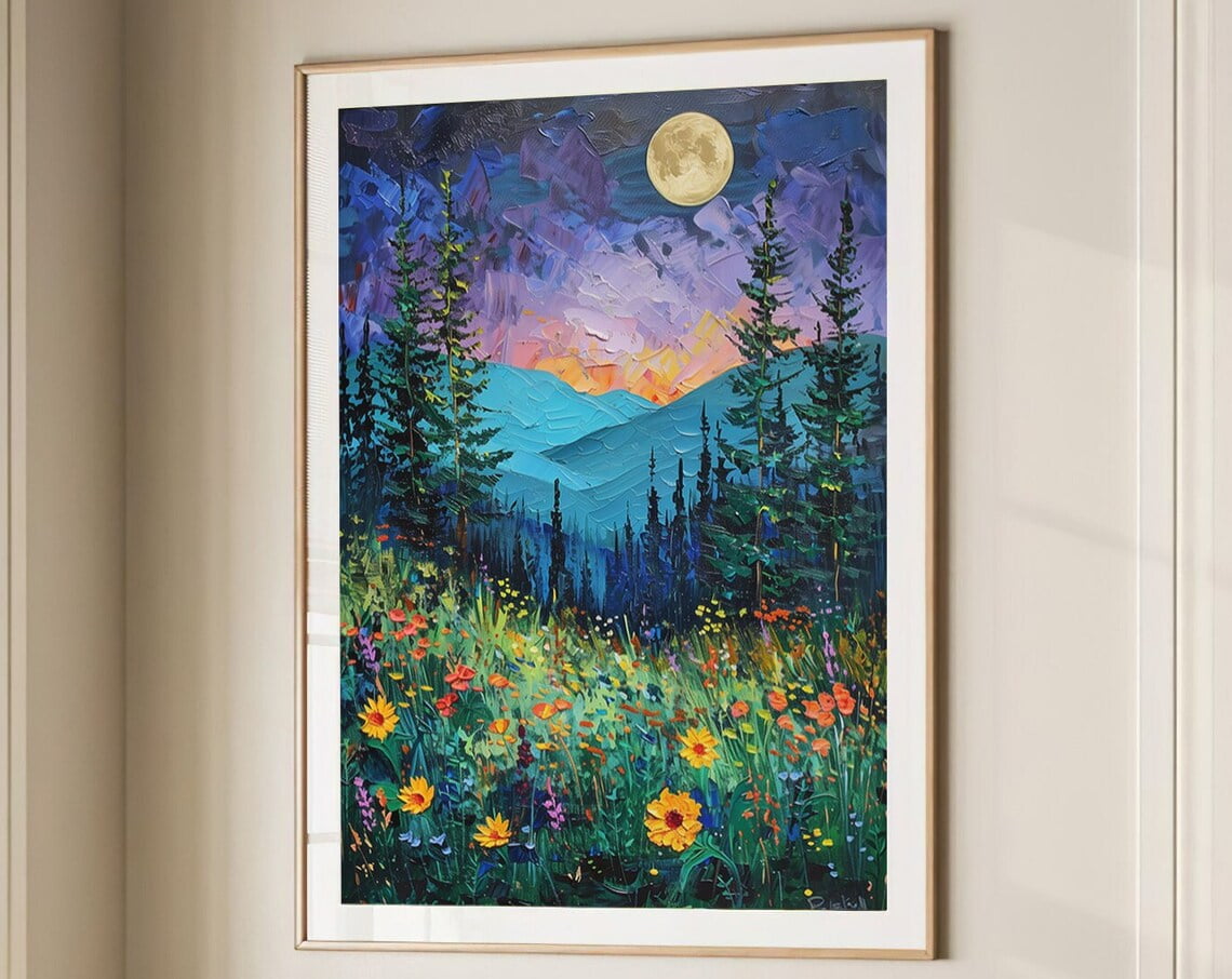 Moon With Wildflower Field Meadow Print, Floral Flower Poster Botanical ...