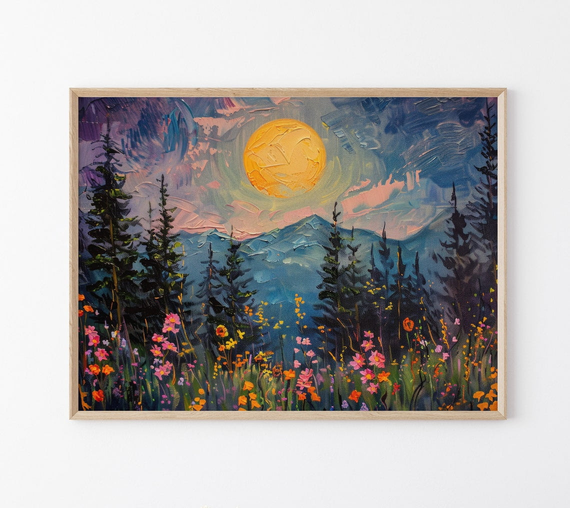 Moon Above The Wildflowers And Woodland Oil Painting Print, Full Moon ...