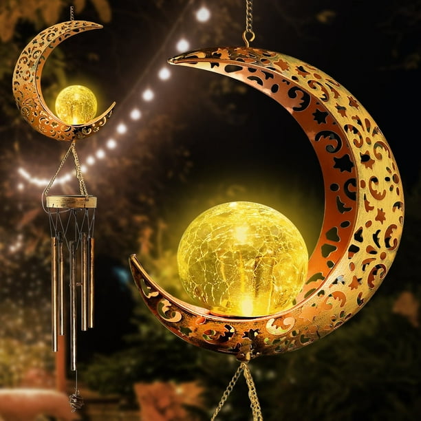 Moon Wind Chimes, Solar Wind Chimes for Outside Lights, Crackle Glass ...