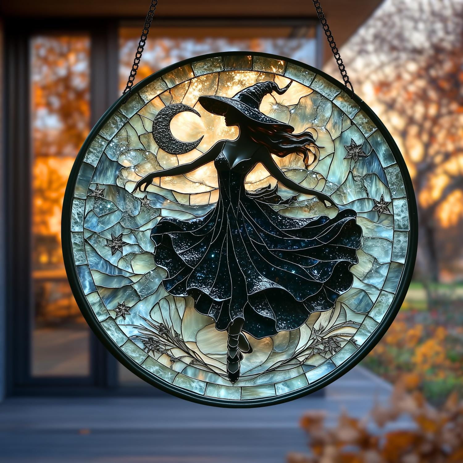 Moon Witch Acrylic Suncatcher, Celestial Faux Stained Glass Suncatcher ...