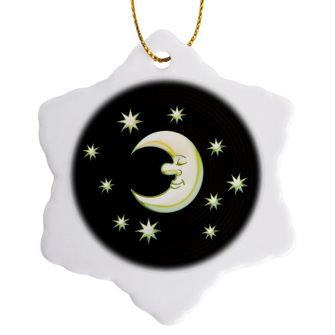 3drose, Moon with Stars Around on Black Background, 3 inch Snowflake ...