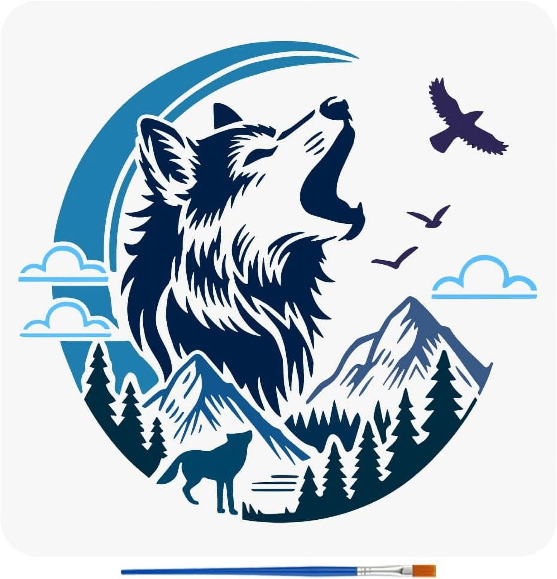 Moon Wolves Stencils with a Paint Brush 11.8x11.8Inch Mountains Wolf ...