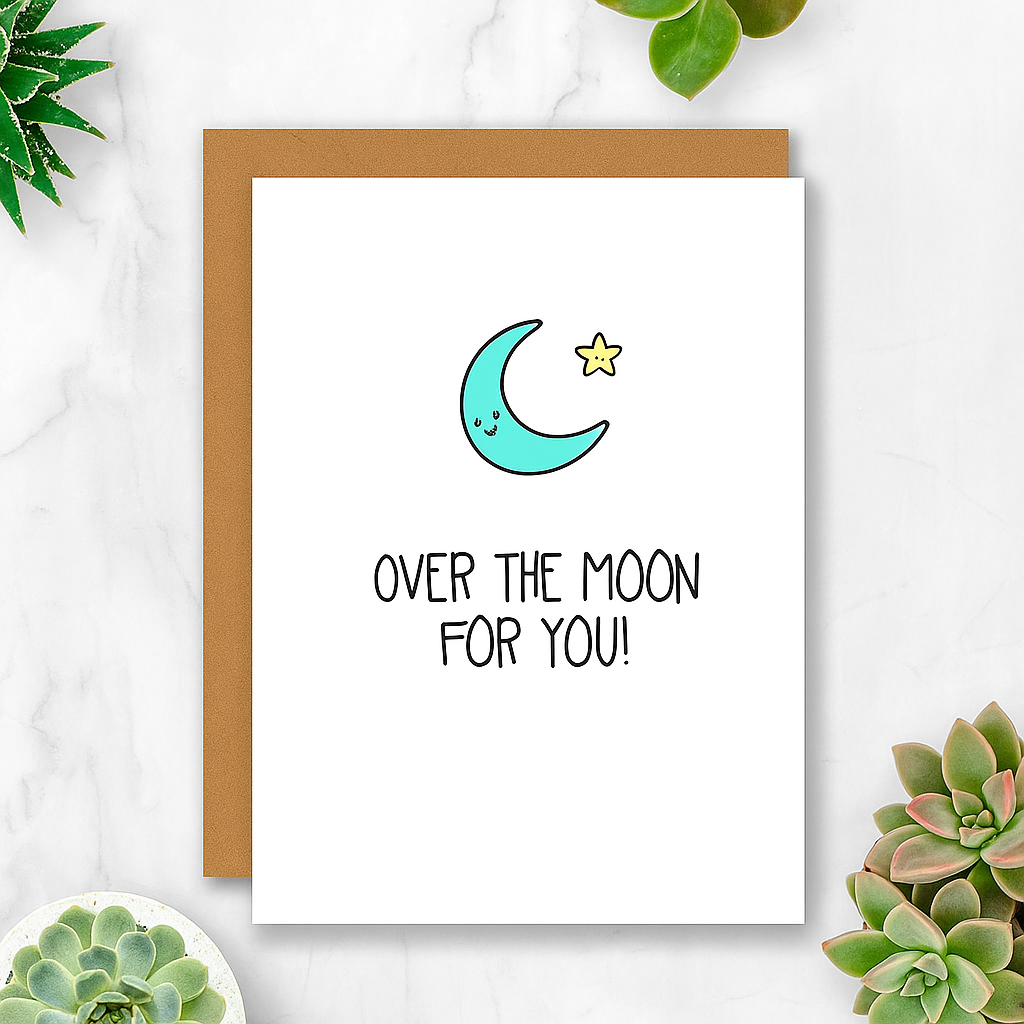 Over the Moon for You Greeting Card – Cute Moon and Star Design ...