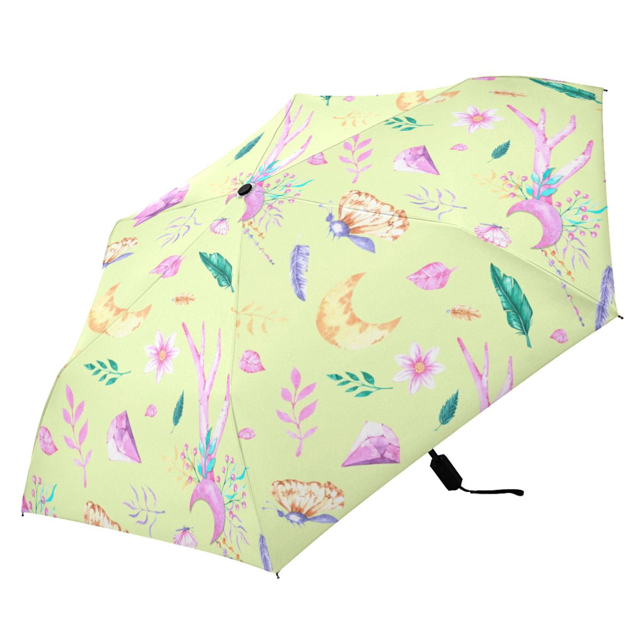 Moon and Flowers Compact Folding Umbrella for Rain Windproof Travel ...