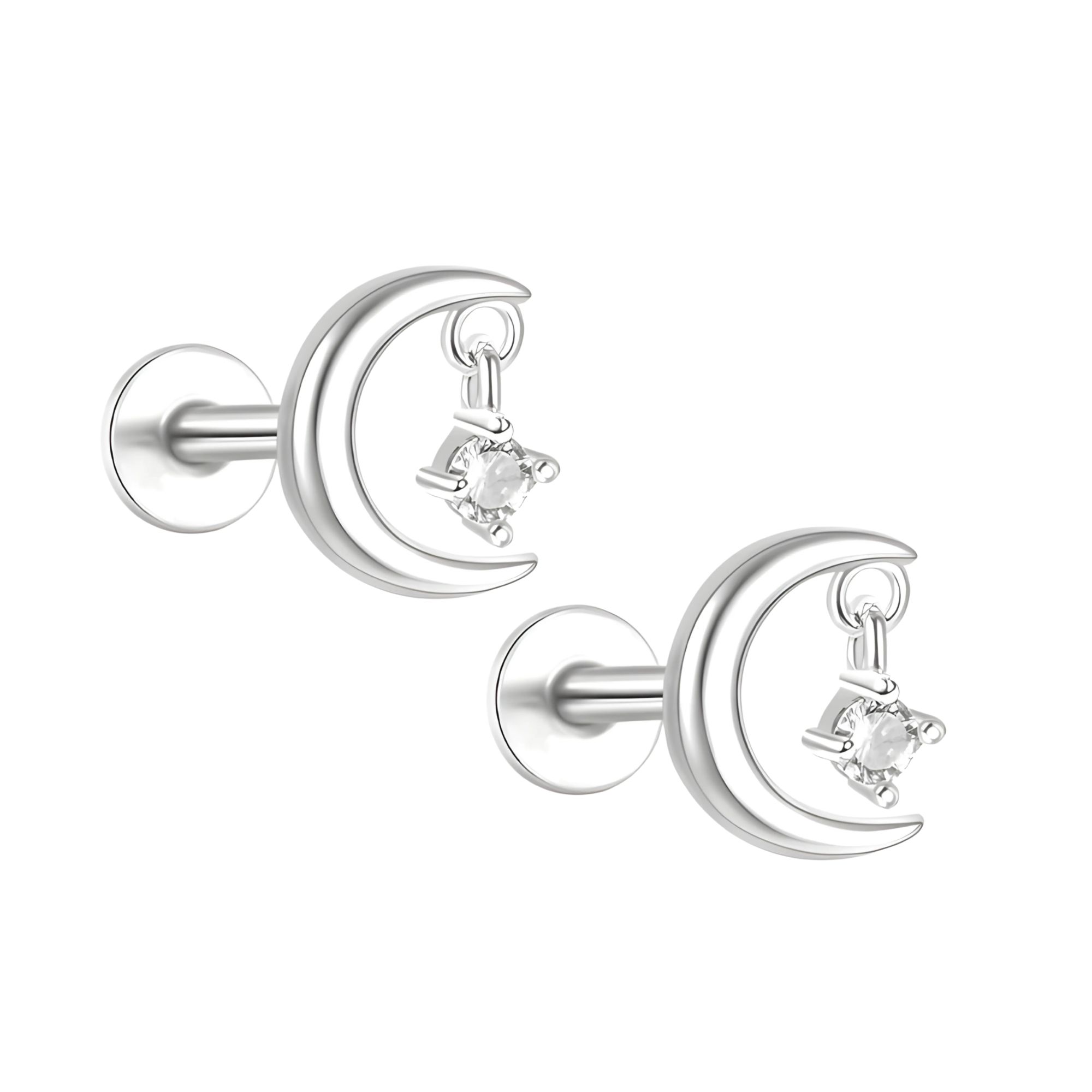 Moon and Star Flat Back Earrings for Women Sterling Silver 16g ...