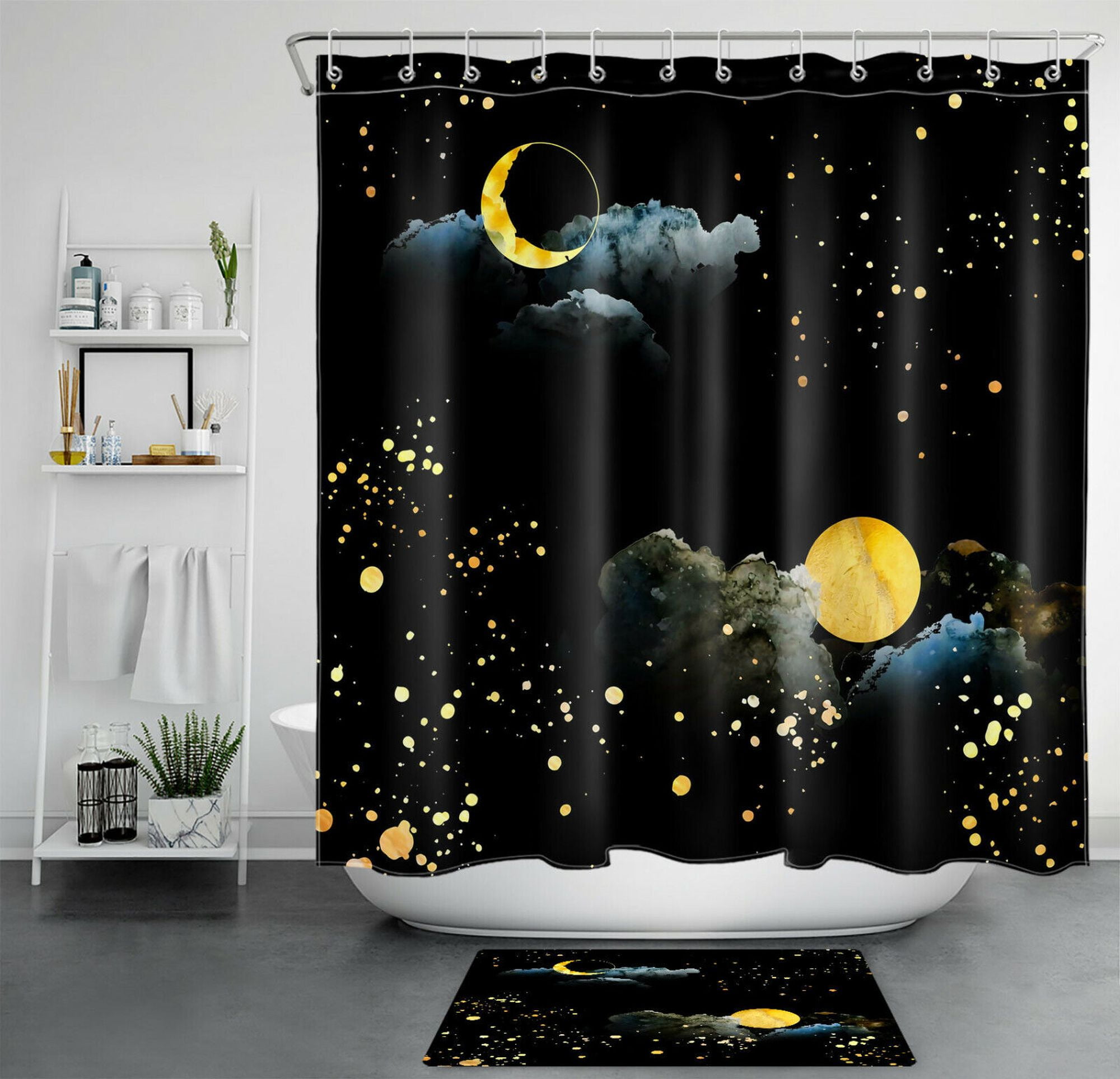 Moon and Stars Shower Curtain - Black Night Sky Bathroom Decor Set ...