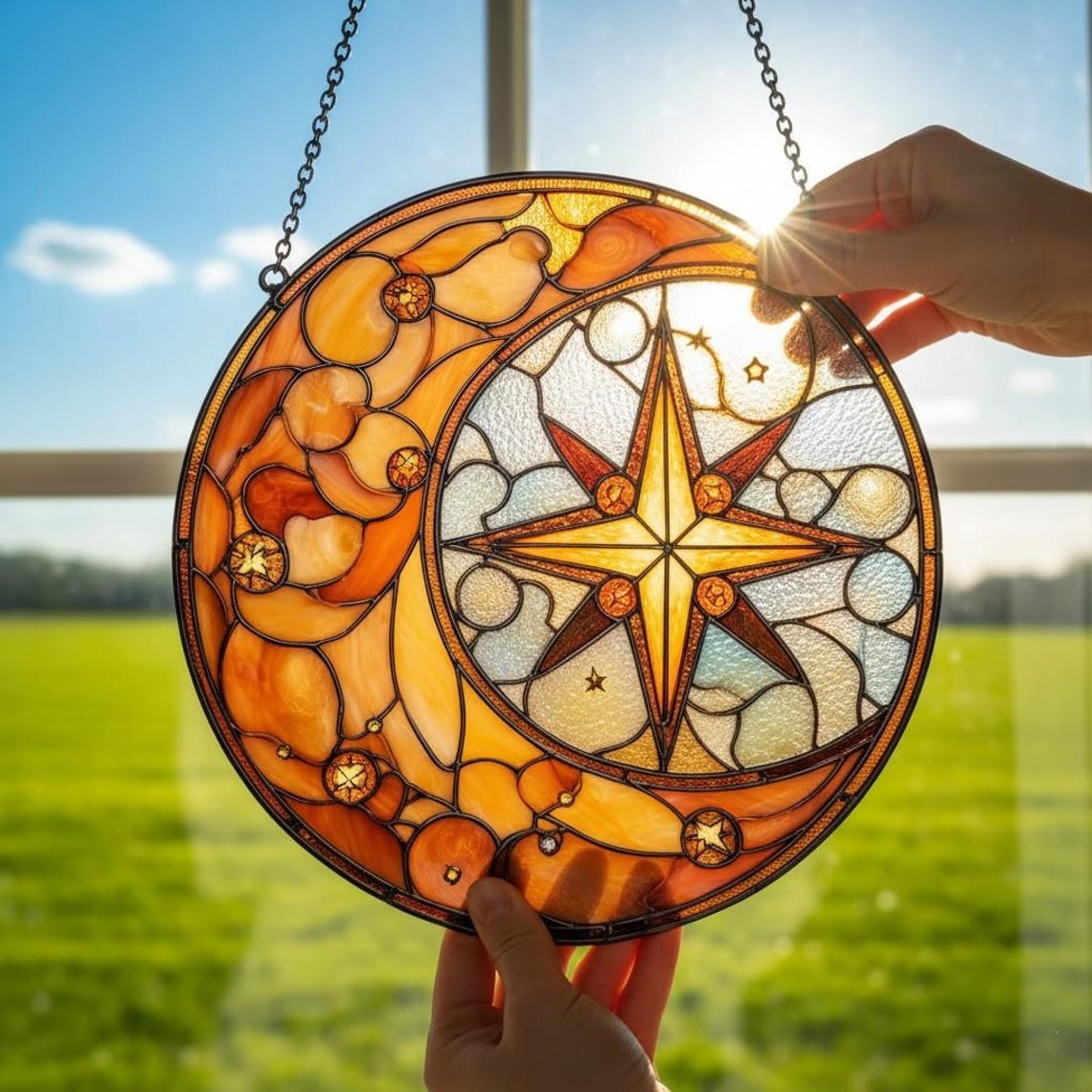Moon and Sun Astrology Glass Suncatcher, Celestial Window Art, Zodiac ...