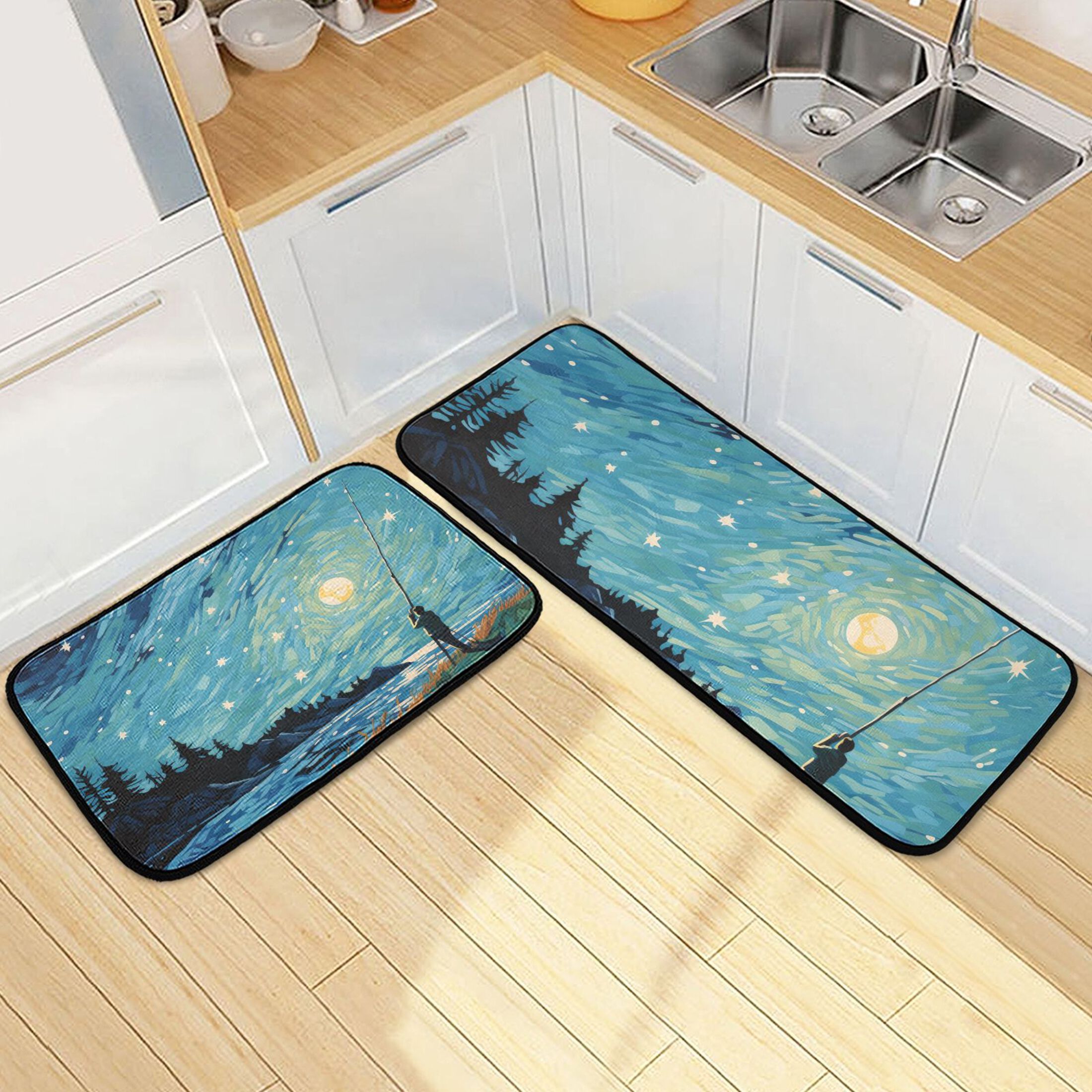 Moon in Night Kitchen Rugs Set of 2 Non Slip Floor Foam Mat Cushioned ...