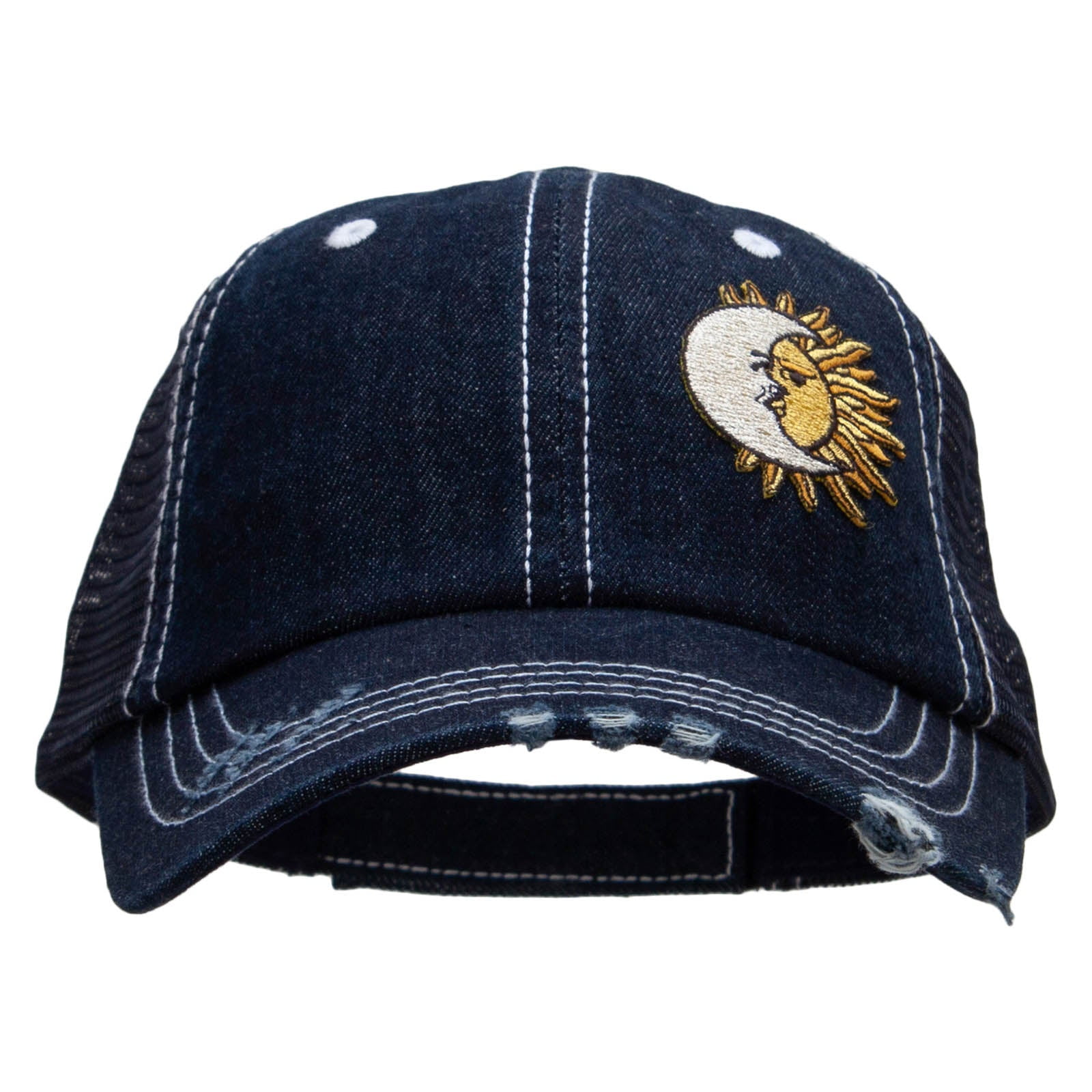 Moon over Sun Patched 6 Panel Denim Frayed Mesh Cap - Denim Navy OSFM ...