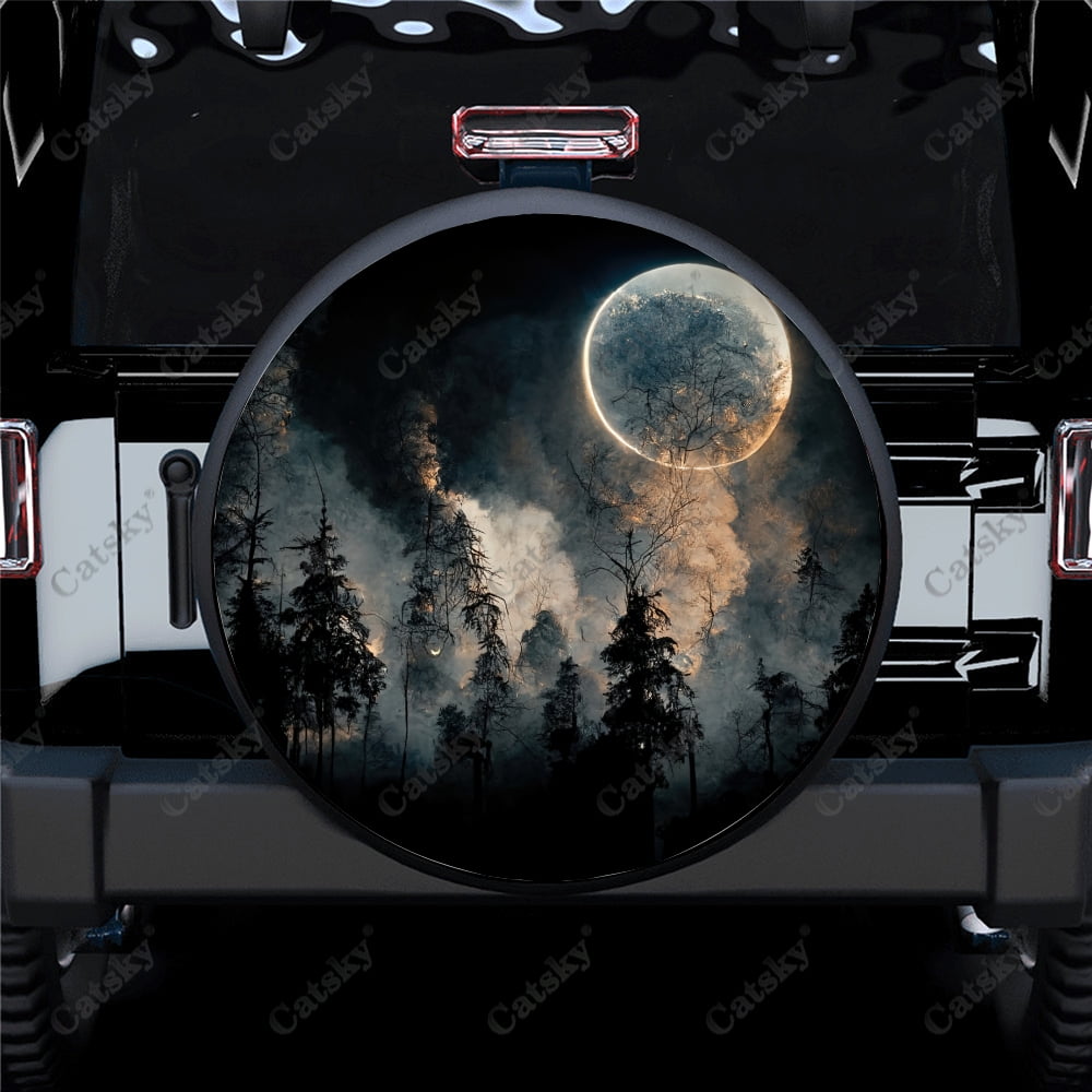 Moon with Forest Polyester Universal Spare Wheel Tire Cover Custom Tire ...