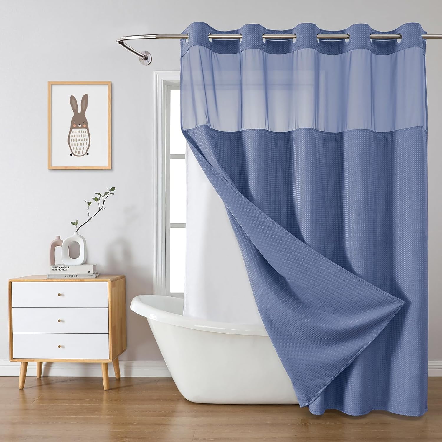 MoonLightBlue Extra Long No Hook Waffle Weave Shower Curtain with Snap-In Liner Replacement ...