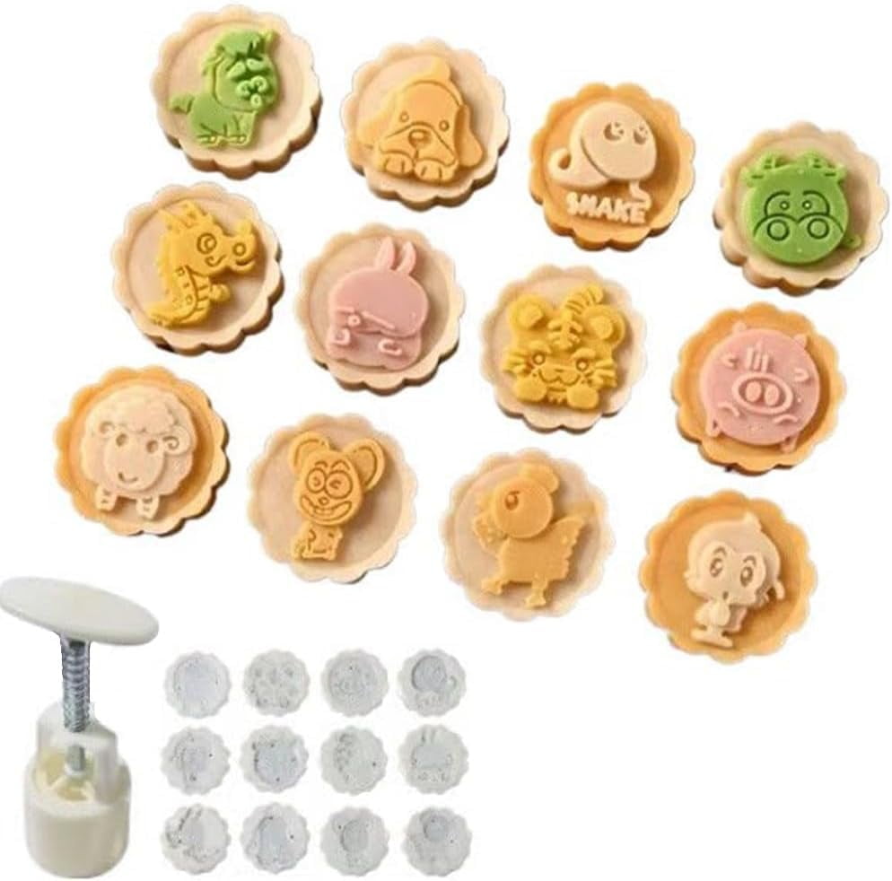 Mooncake Mold 50g- 12 Cartoon Zodiac Signs Cookie Stamps Plastic Hand Press Flowers Shape ...