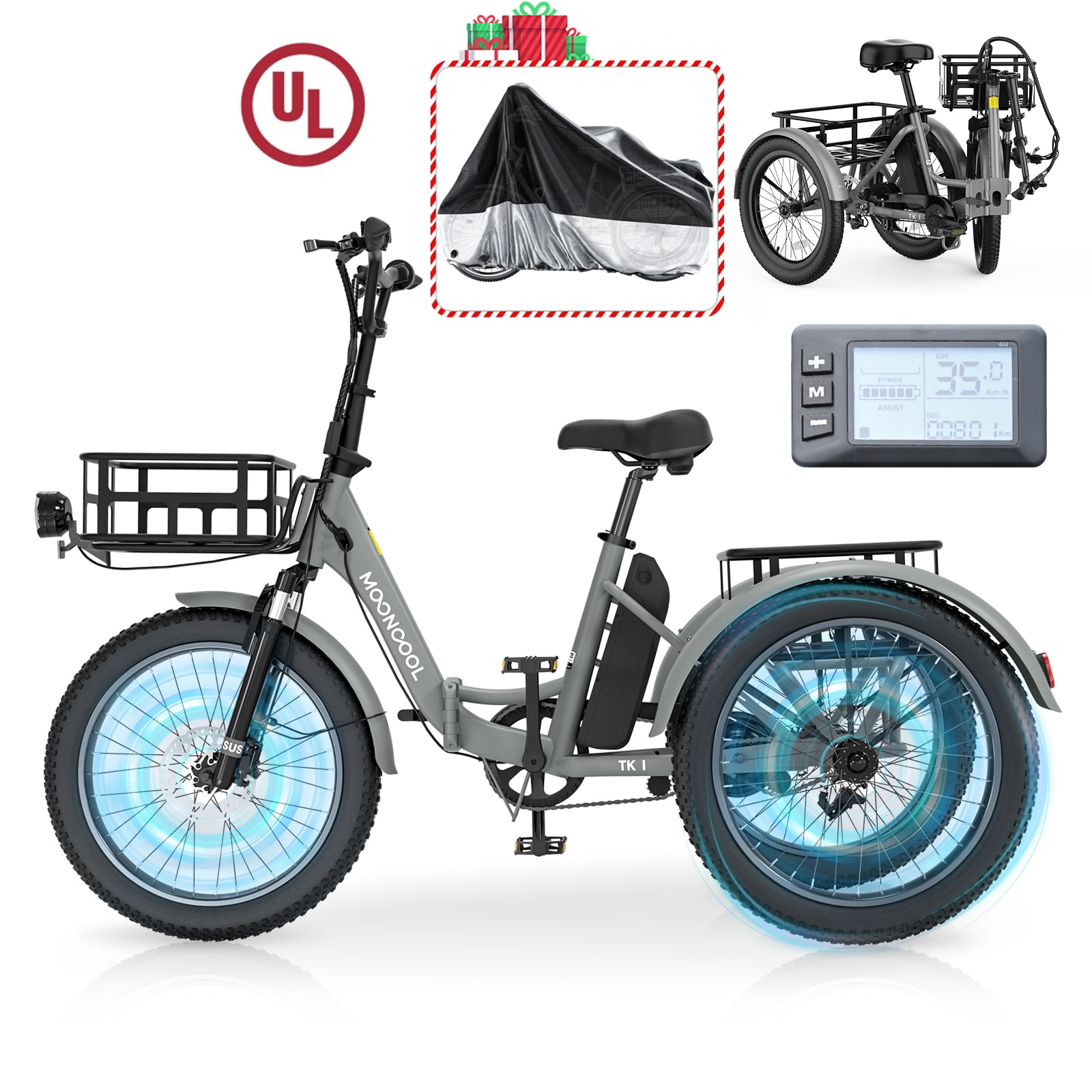 "Mooncool 20"" Fat Tire Electric Trike, 750W, 48V Removable Battery ...