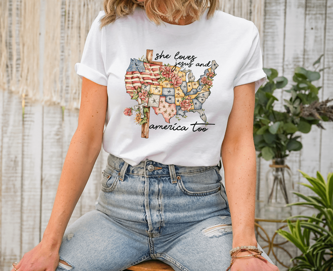 Moonlight Apparel She Loves Jesus and America Too Shirt Patriotic ...
