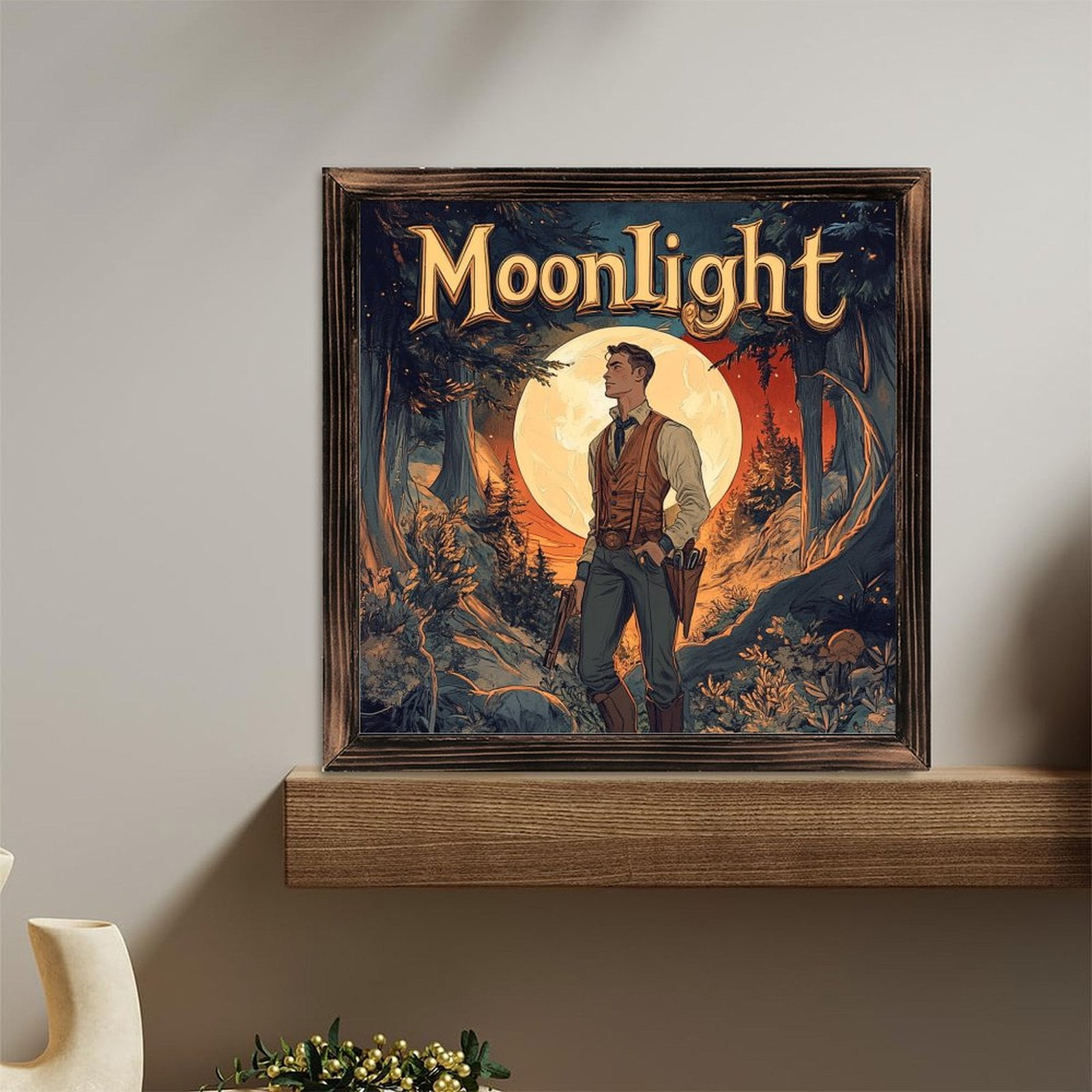 Moonlight Cowboy Art Wooden Sign Wall Plaque - Vintage Art Decoration ...