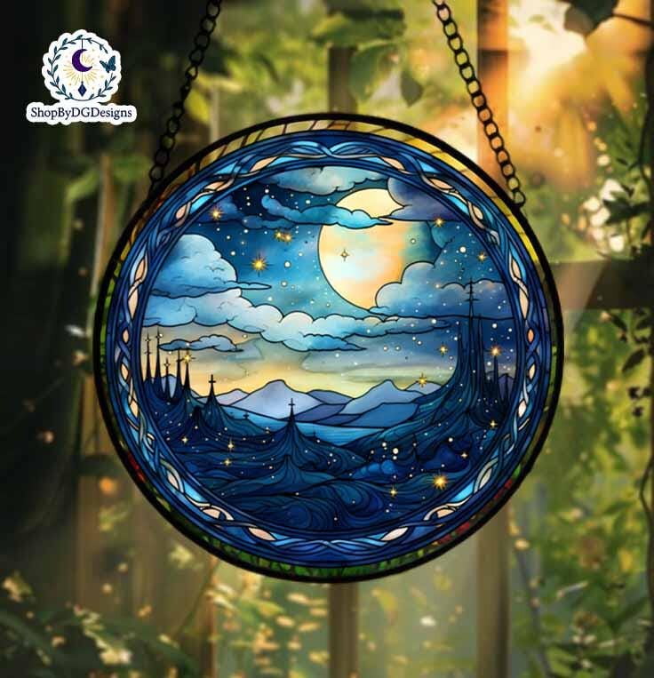 Moonlight Mountain Stained Glass Suncatcher, Celestial Acrylic Window ...