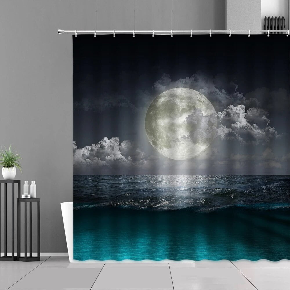 Moonlight Sea Surface Shower Curtains Night View Starry Sky Print ...