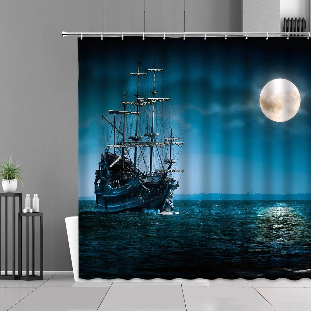 Moonlight Sea Surface Shower Curtains Night View Starry Sky Print ...