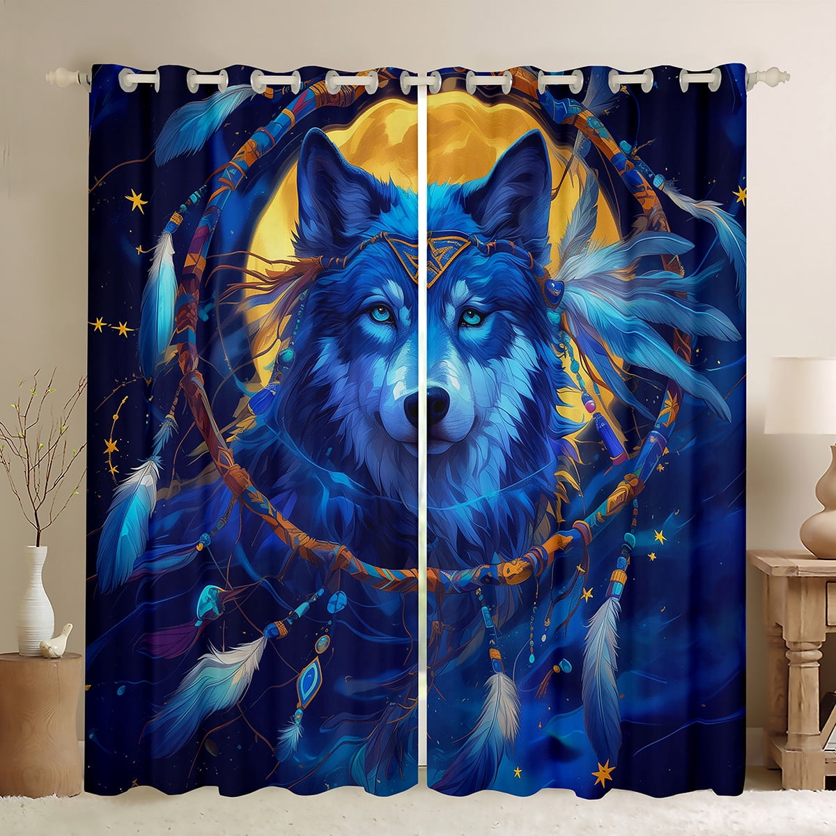 Moonlight Wolf Curtains,Tribe Exotic Dreamcatcher 30%-50% Blackout Curtains,Southwestern Window ...