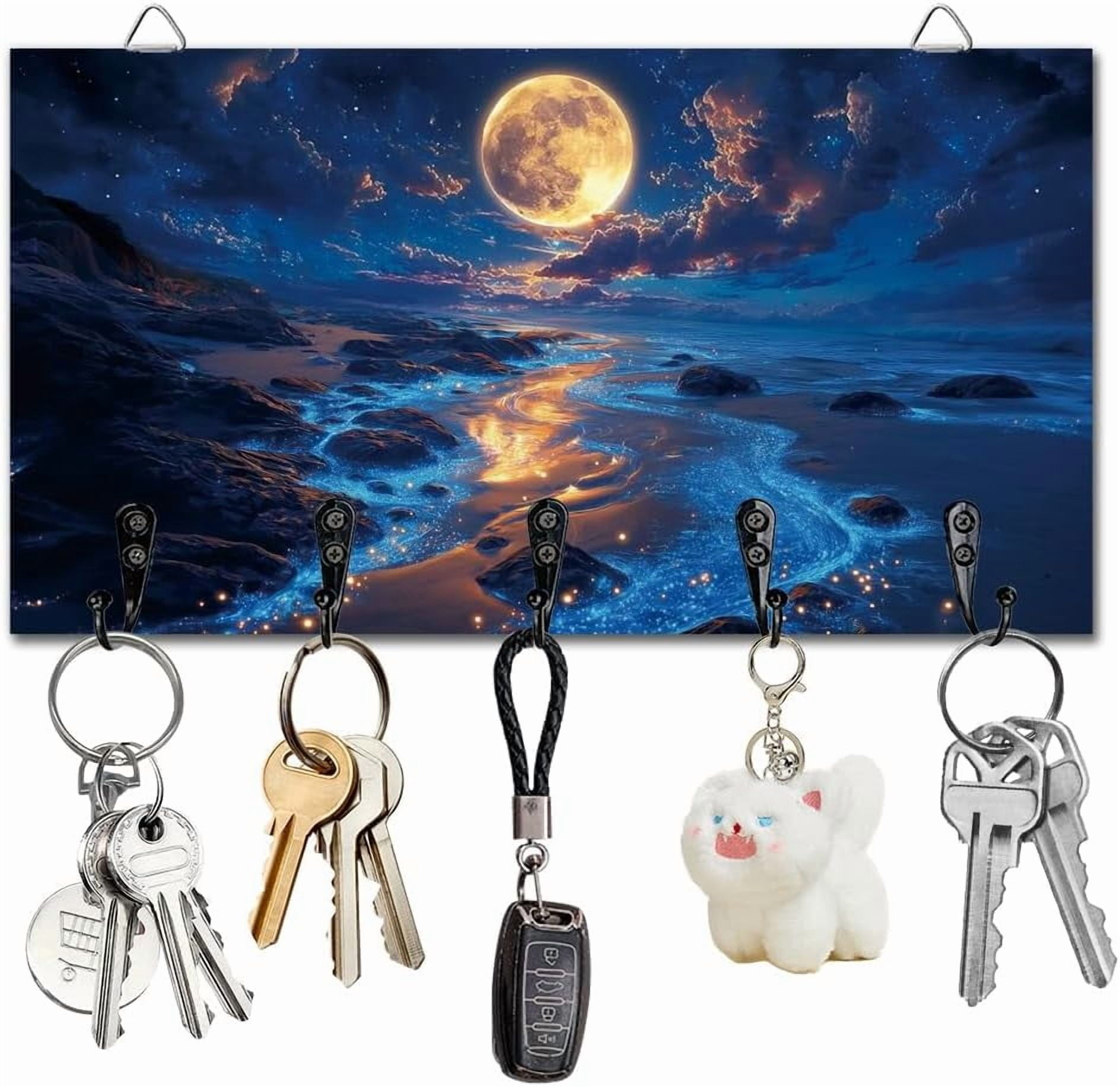Moonlit Beach Key Holder Key Hooks Wall Mounted Wooden Key Racks with 5 ...