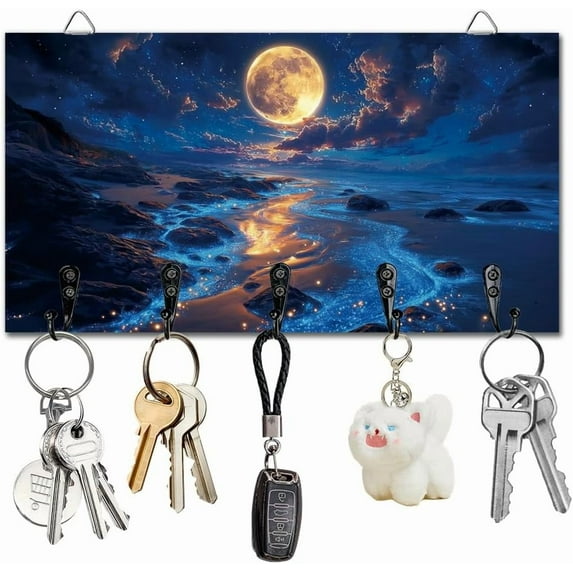 Moonlit Beach Key Holder Key Hooks Wall Mounted Wooden Key Racks with 5 ...