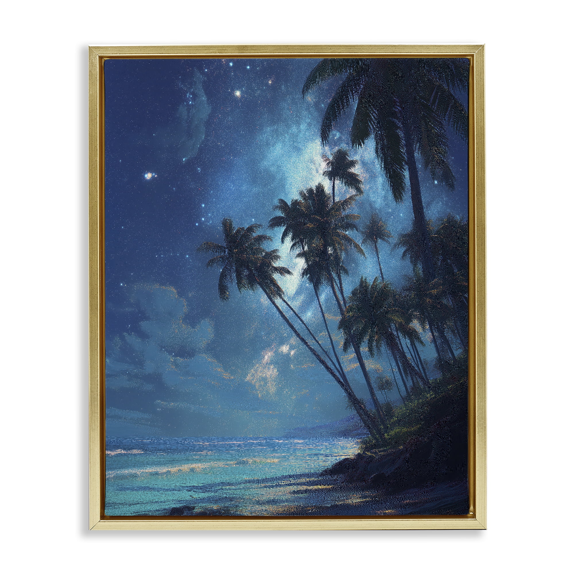 Moonlit Beach Palm Trees Gold Framed Floater Canvas Wall Art, design by ...
