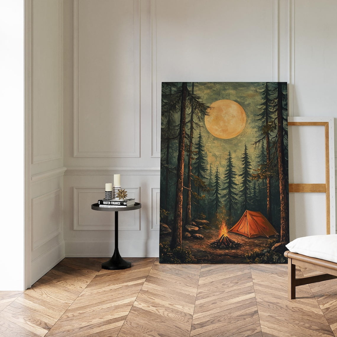 Moonlit Camping Scene Print – Cozy Campfire Night, Rustic Forest Art ...