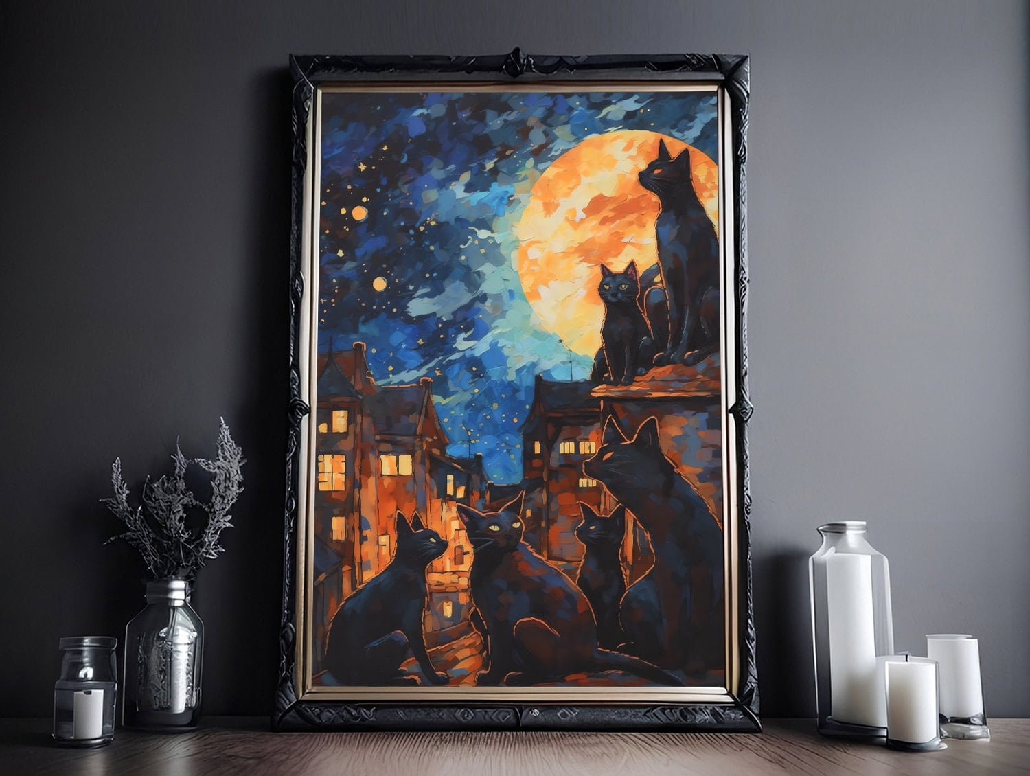 Moonlit Cityscape with Multiple Cats, Handcrafted Poster Inspired by ...
