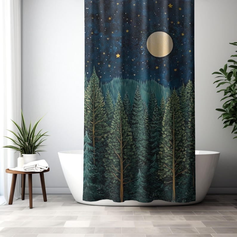 Moonlit Evergreen Forest Shower Curtain, Earthy Bathroom Decor, Serene ...
