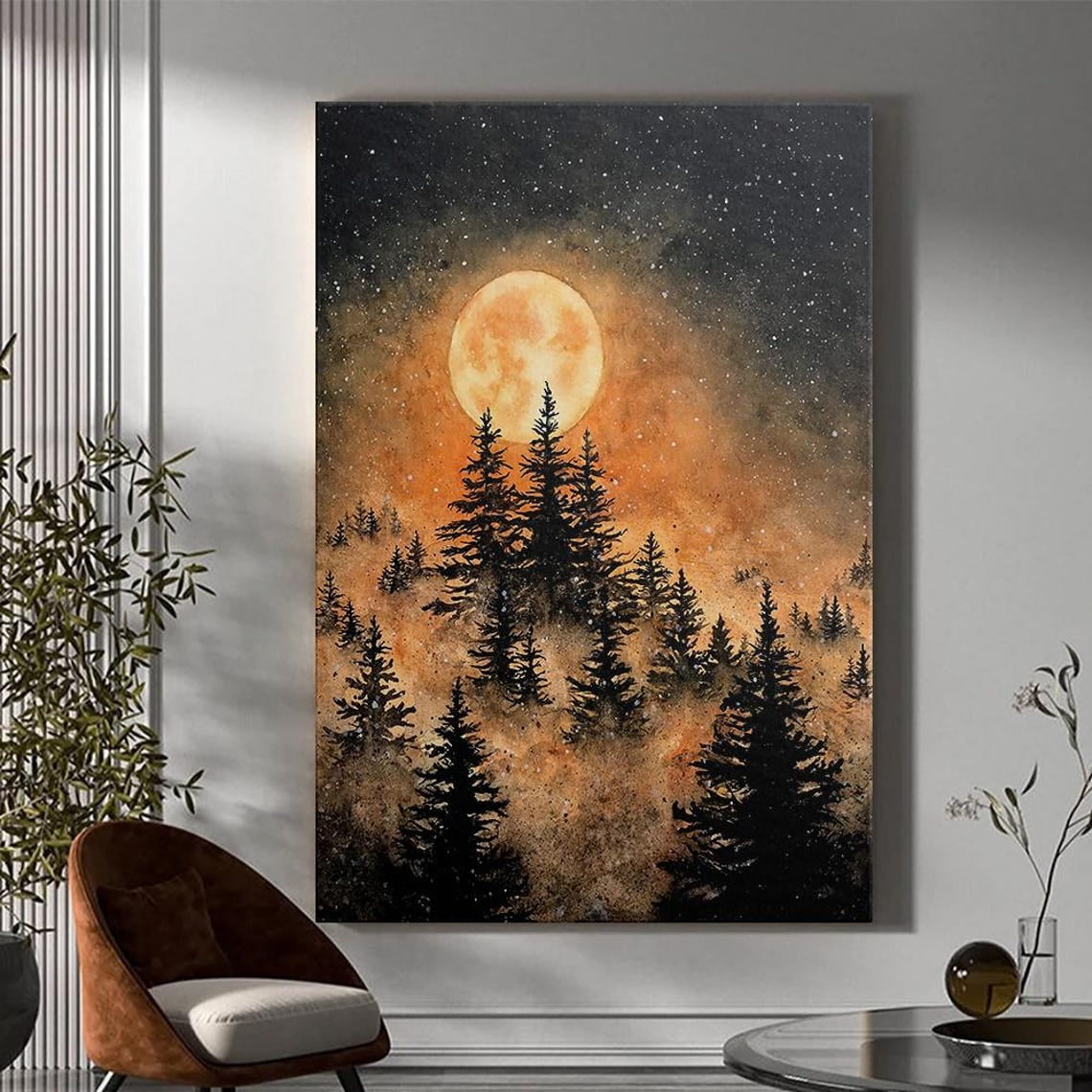 Moonlit Forest Art Golden Moon, Pine Trees, Mystical Landscape Home ...