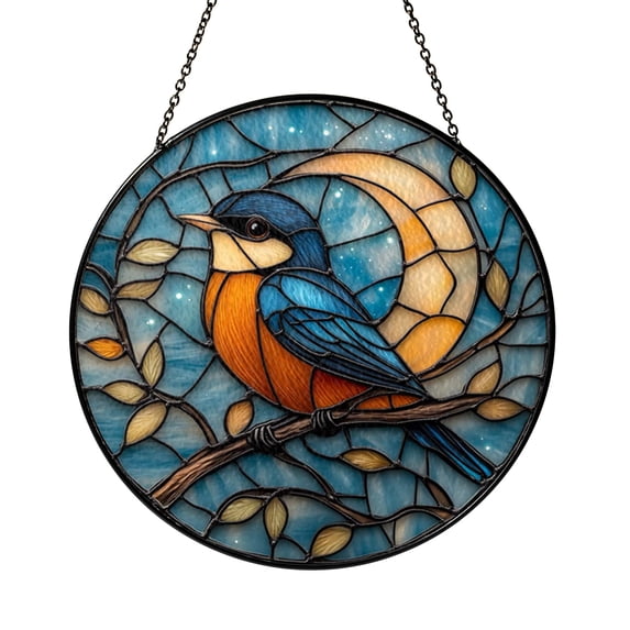 Moonlit Forest Bird Stained Glass Round Suncatcher Window Hanging ...