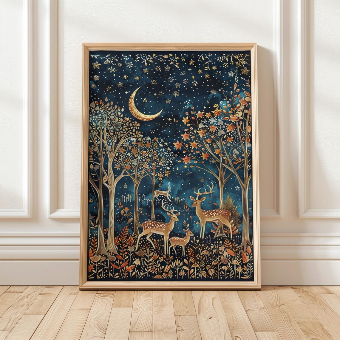 Moonlit Forest Deer Night Sky Woodland Celestial Nature Whimsical ...