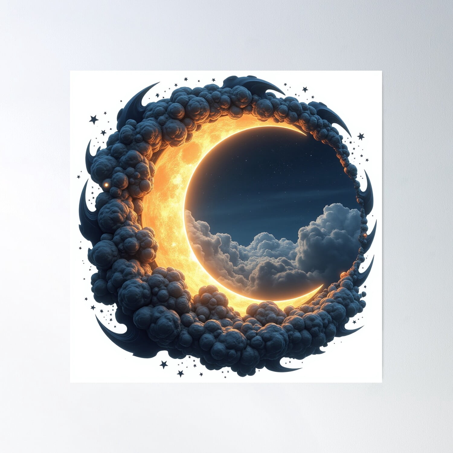 Moonlit Fury — Radiant Crescent Moon And Dark Clouds Design Poster Wall ...
